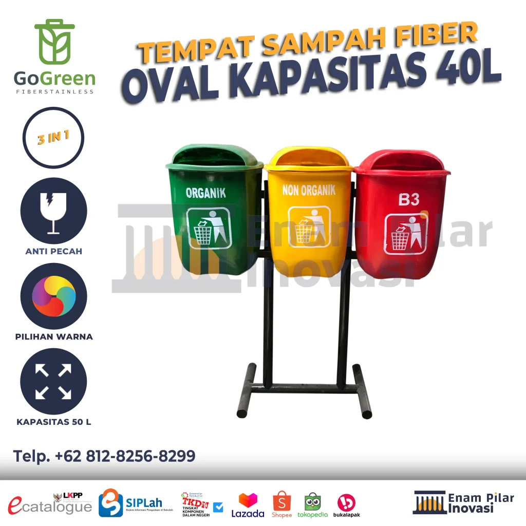 Tempat Sampah Pilah 3 Warna Oval Fiberglass 40 Liter