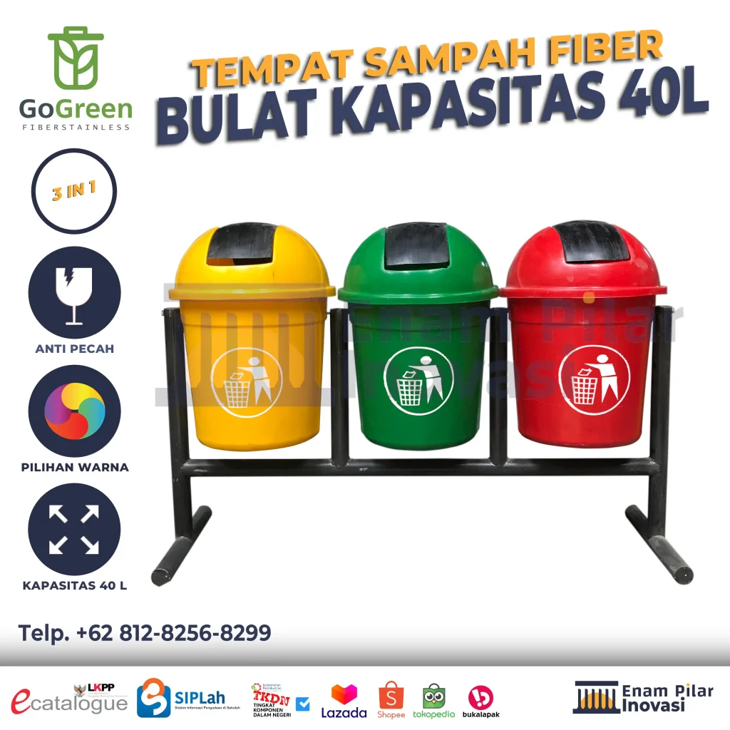 Tempat Sampah Fiberglass 3 in 1 Bulat Kapasitas 40 Liter