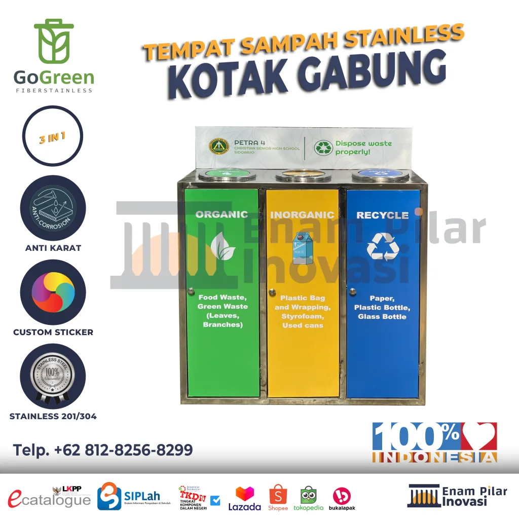 Tempat Sampah Stainless 3 in 1 Kotak Display | Bisa Custom Logo