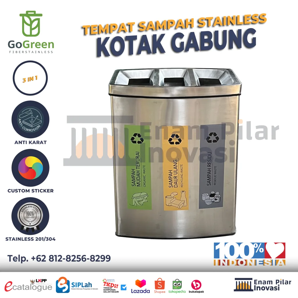 Tempat Sampah Stainless 3 in 1 Kotak Gabung | Cocok untuk Indoor